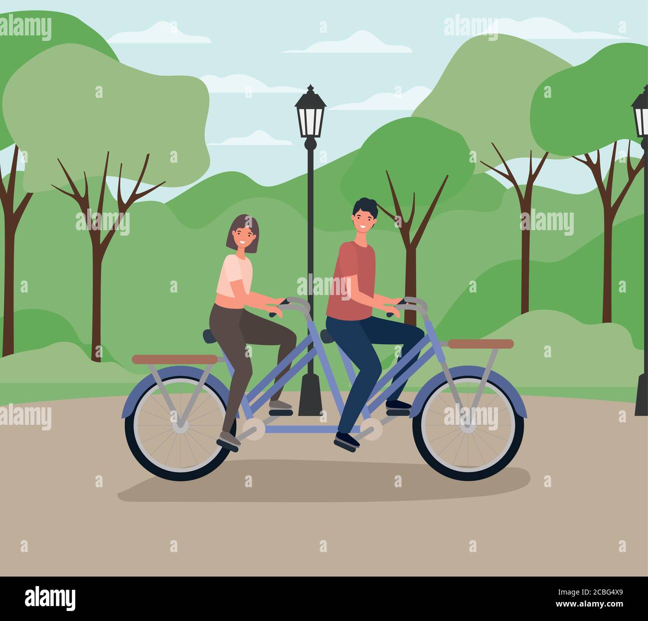 woman and man cartoons riding double bike at park with lamp design ...