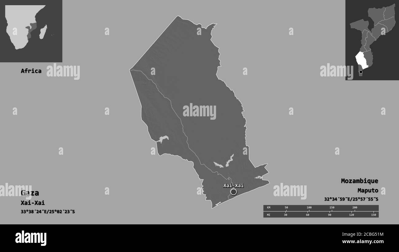 Shape of Gaza, province of Mozambique, and its capital. Distance scale ...
