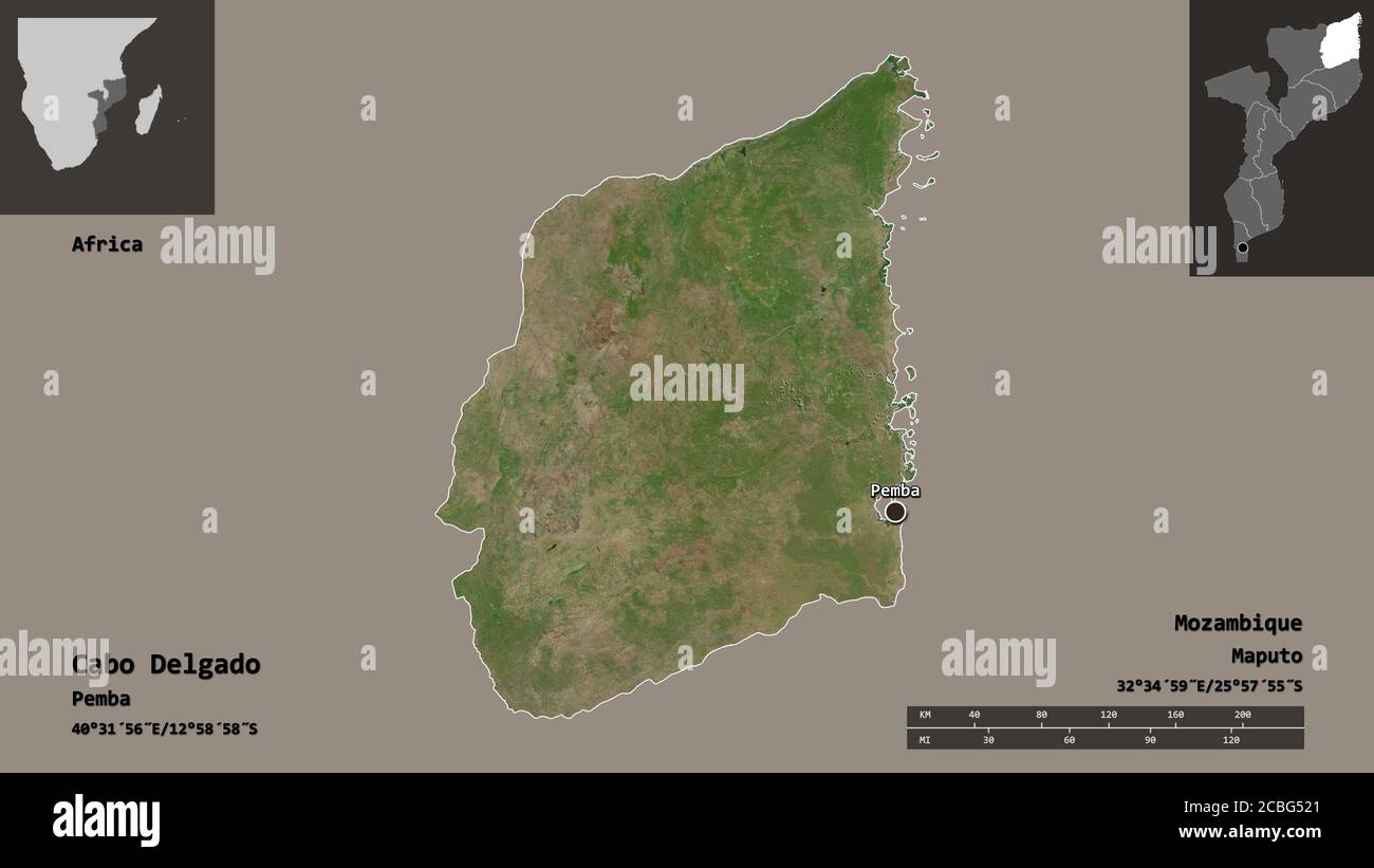 Shape of Cabo Delgado, province of Mozambique, and its capital ...