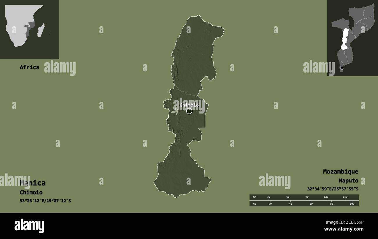 Shape of Manica, province of Mozambique, and its capital. Distance ...