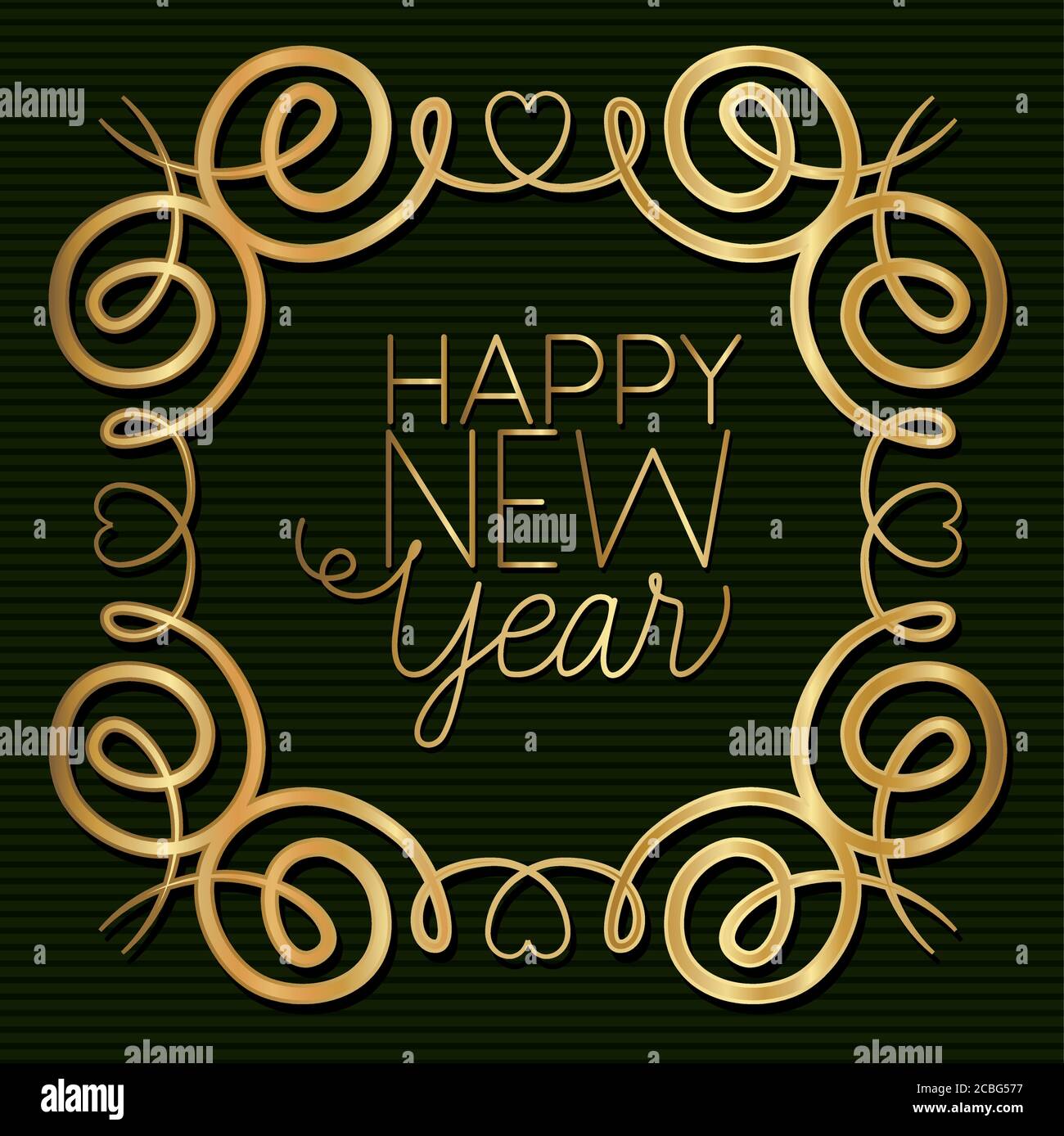 Happy new year in ornament gold frame on striped green background ...