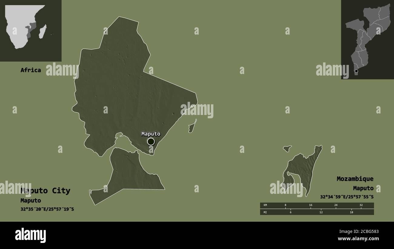 Shape of Maputo City, province of Mozambique, and its capital. Distance ...