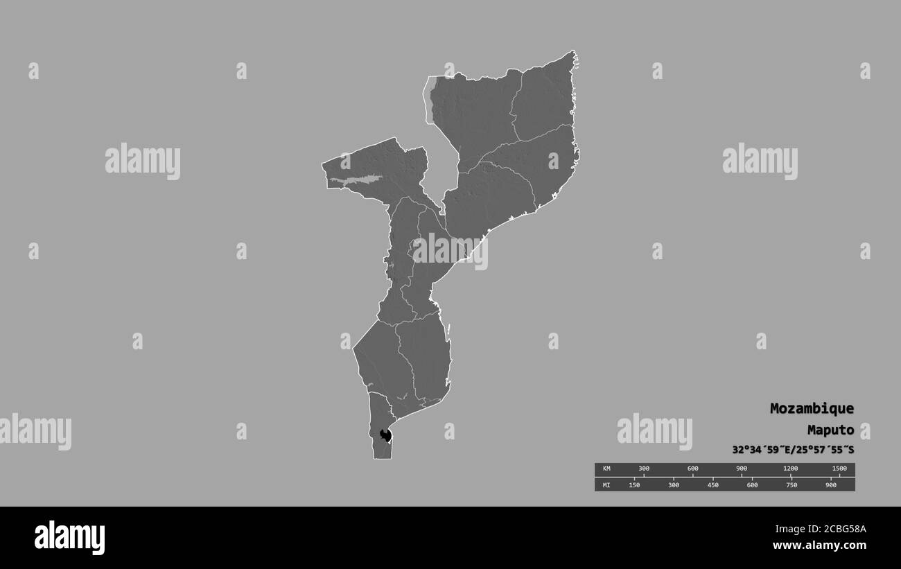 Desaturated shape of Mozambique with its capital, main regional ...