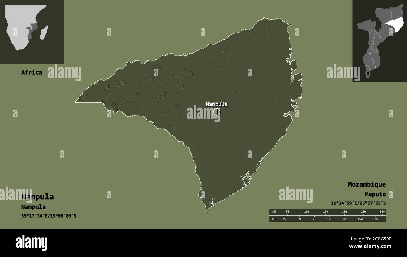 Shape of Nampula, province of Mozambique, and its capital. Distance ...
