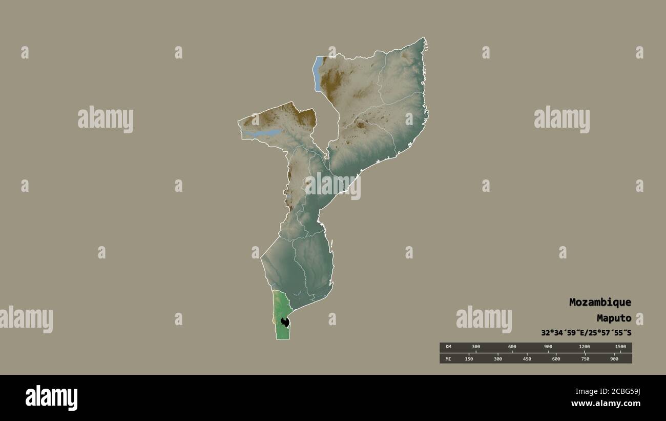 Desaturated shape of Mozambique with its capital, main regional ...
