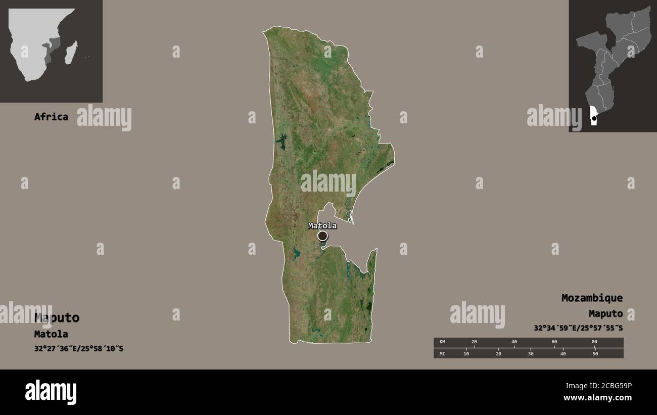 Shape of Maputo, province of Mozambique, and its capital. Distance ...