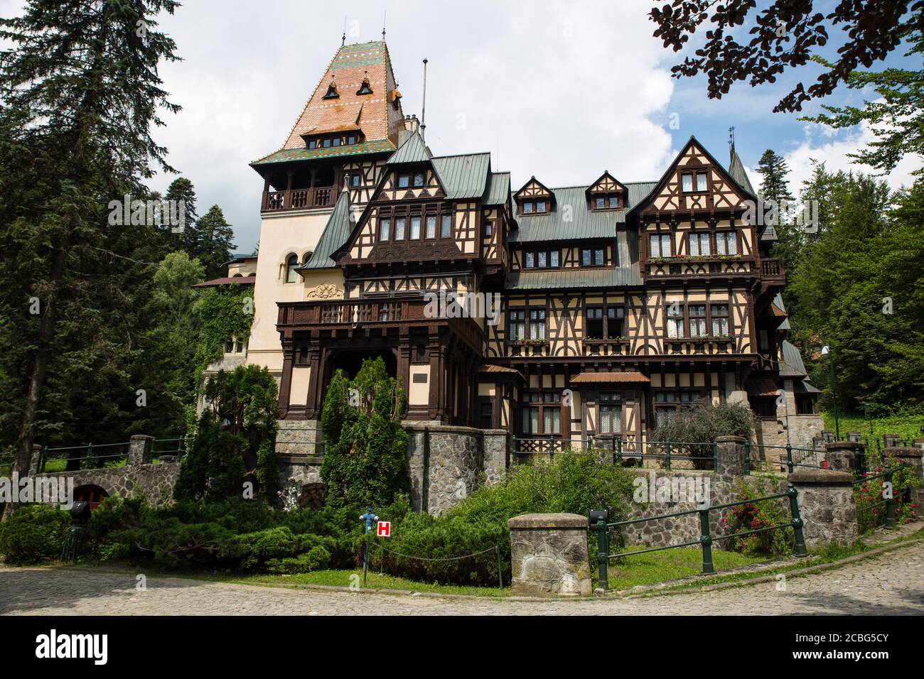 Panoramic view of Peles Castle, Romania. Famous Neo-Renaissance castle ...