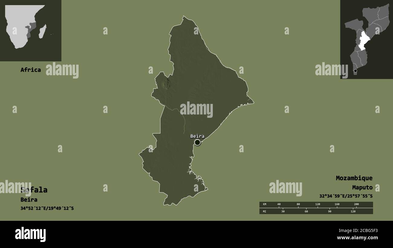 Shape of Sofala, province of Mozambique, and its capital. Distance ...