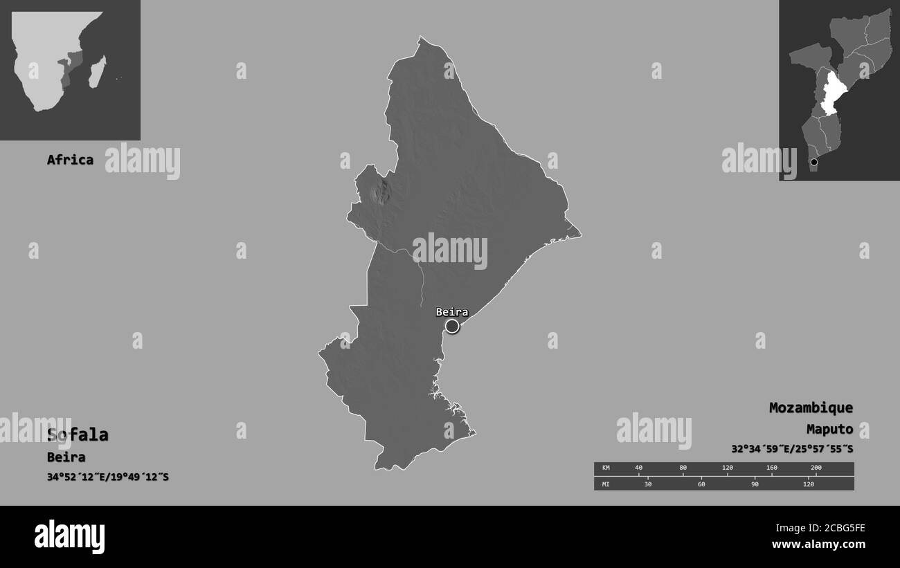 Shape of Sofala, province of Mozambique, and its capital. Distance ...