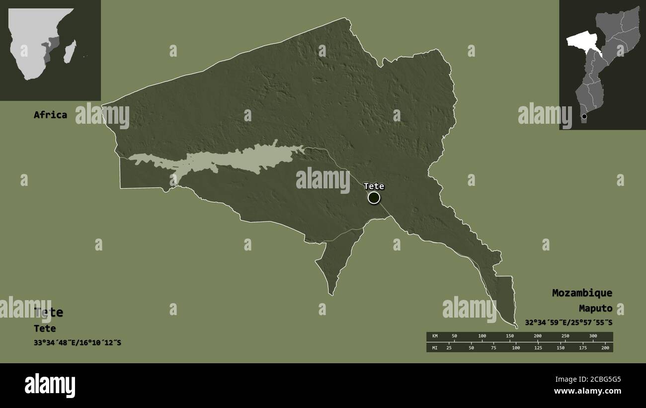 Shape of Tete, province of Mozambique, and its capital. Distance scale ...