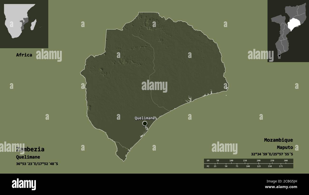 Shape of Zambezia, province of Mozambique, and its capital. Distance ...