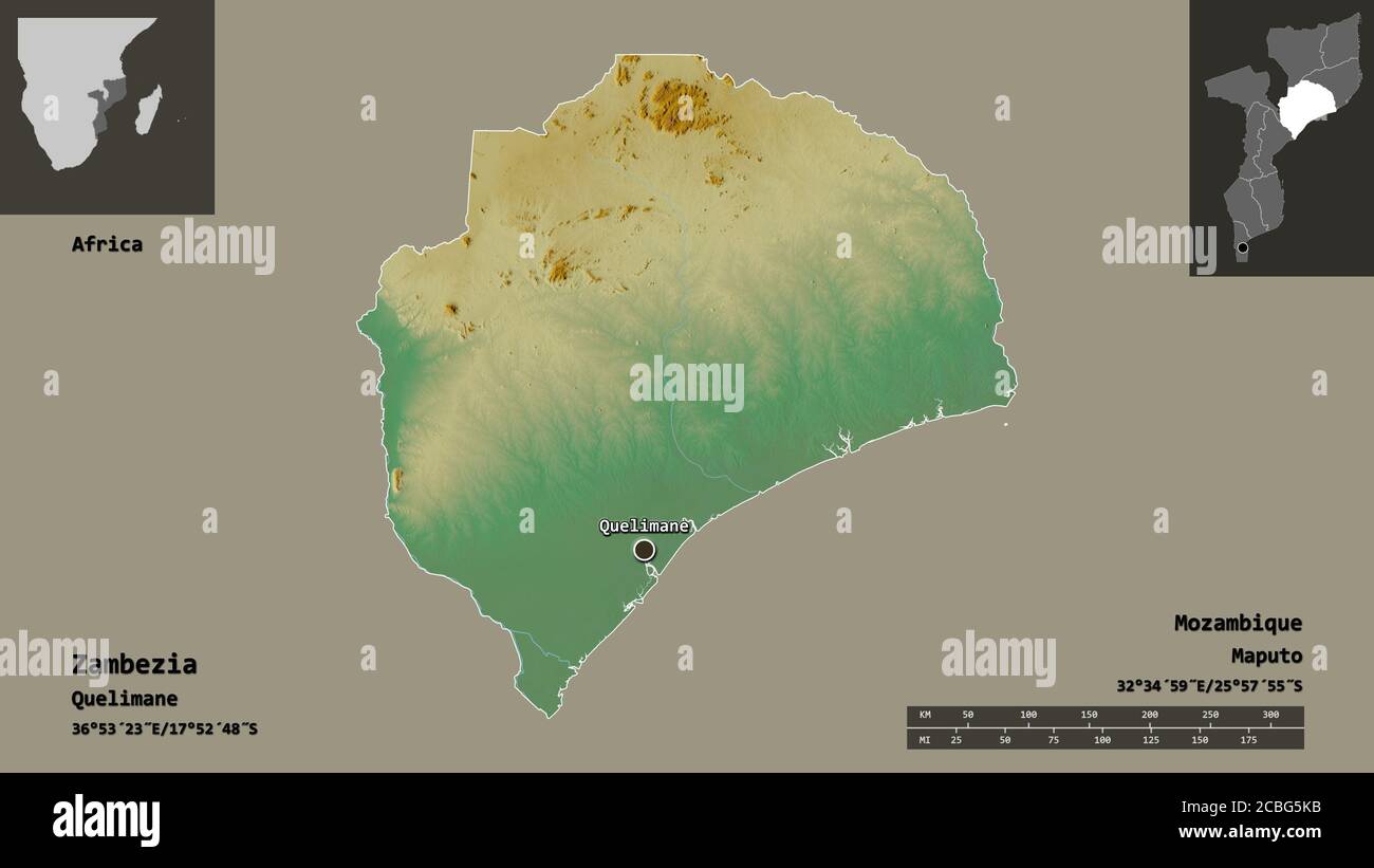 Shape of Zambezia, province of Mozambique, and its capital. Distance ...
