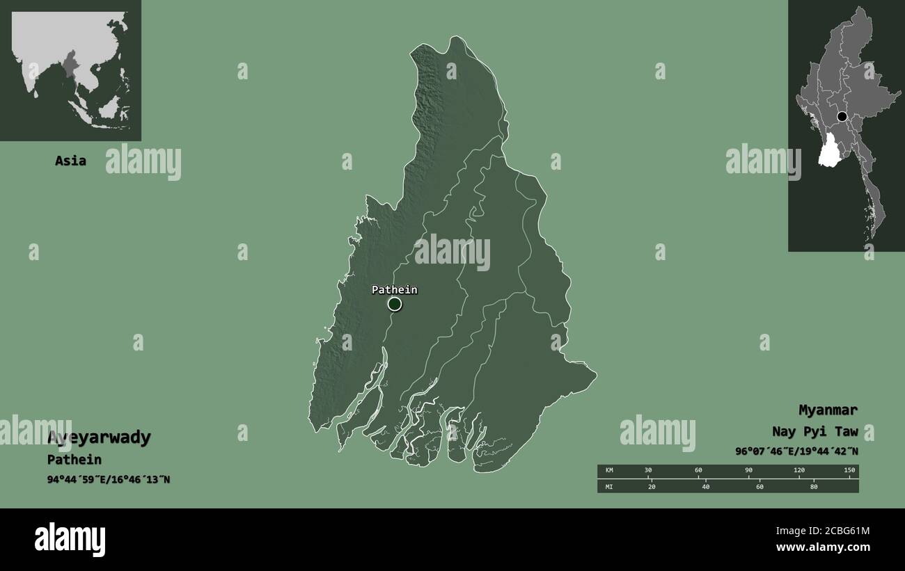 Shape of Ayeyarwady, division of Myanmar, and its capital. Distance ...
