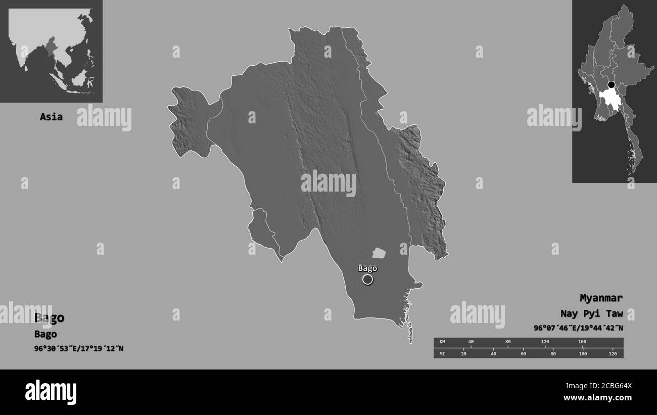 Shape of Bago, division of Myanmar, and its capital. Distance scale ...