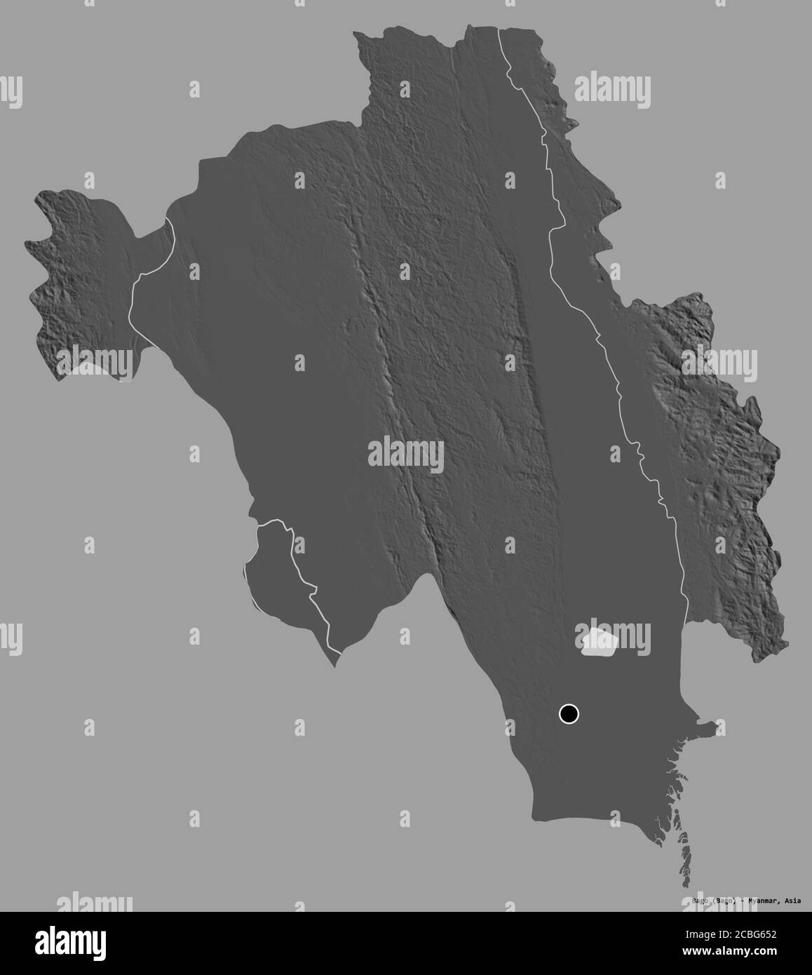 Shape of Bago, division of Myanmar, with its capital isolated on a ...