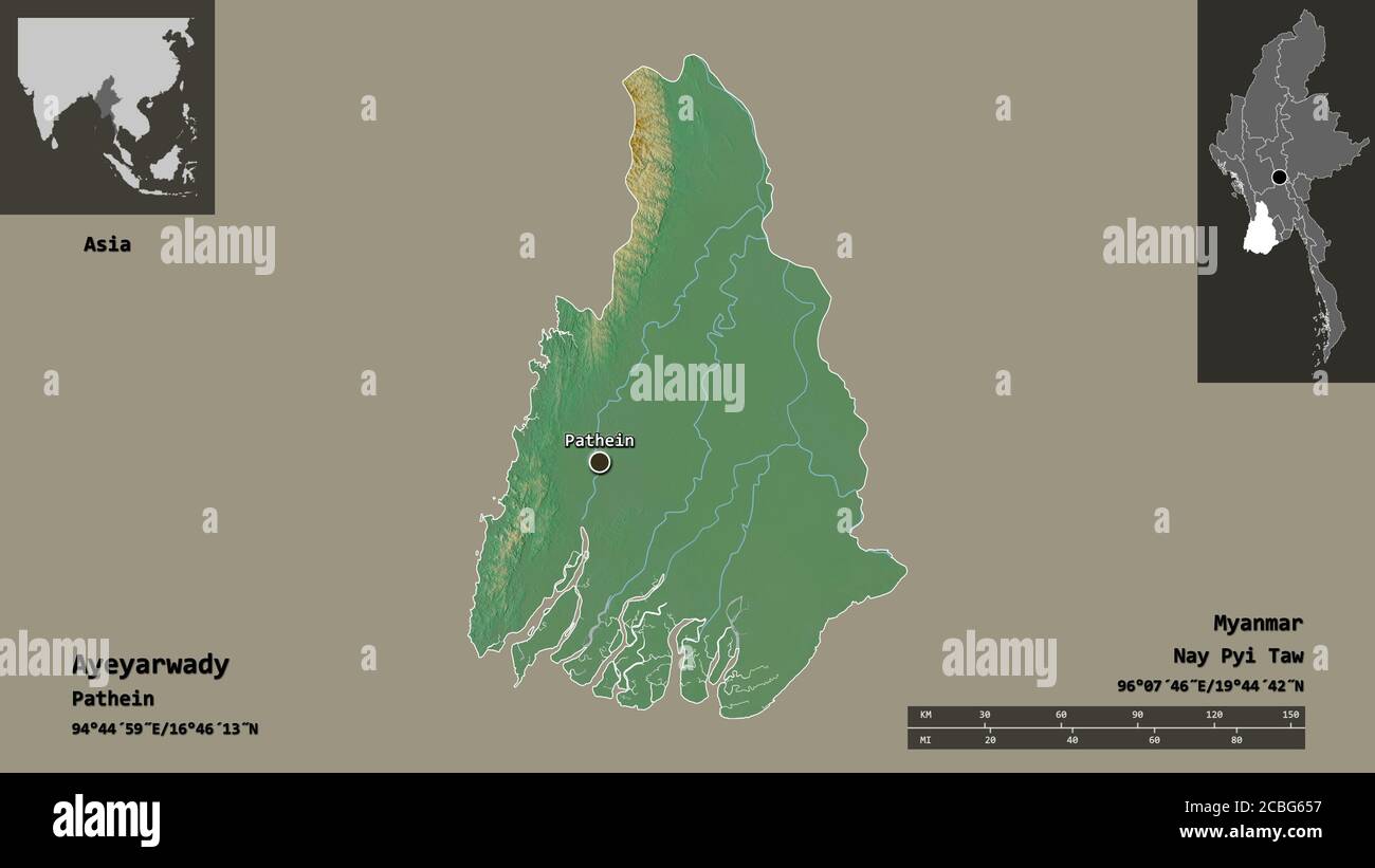 Shape of Ayeyarwady, division of Myanmar, and its capital. Distance ...