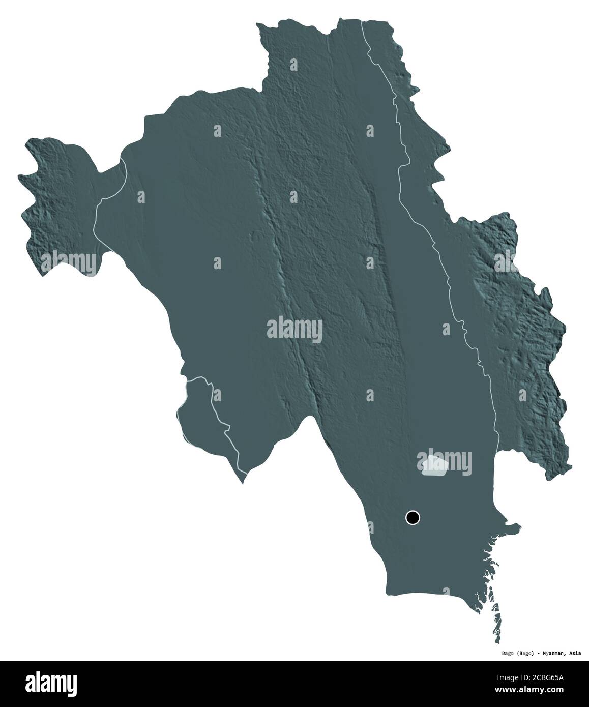 Shape of Bago, division of Myanmar, with its capital isolated on white ...