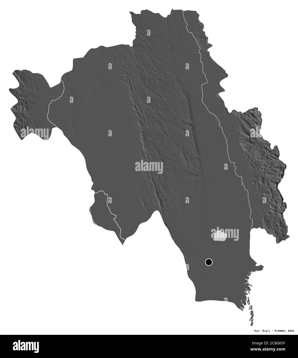 Shape of Bago, division of Myanmar, with its capital isolated on white ...