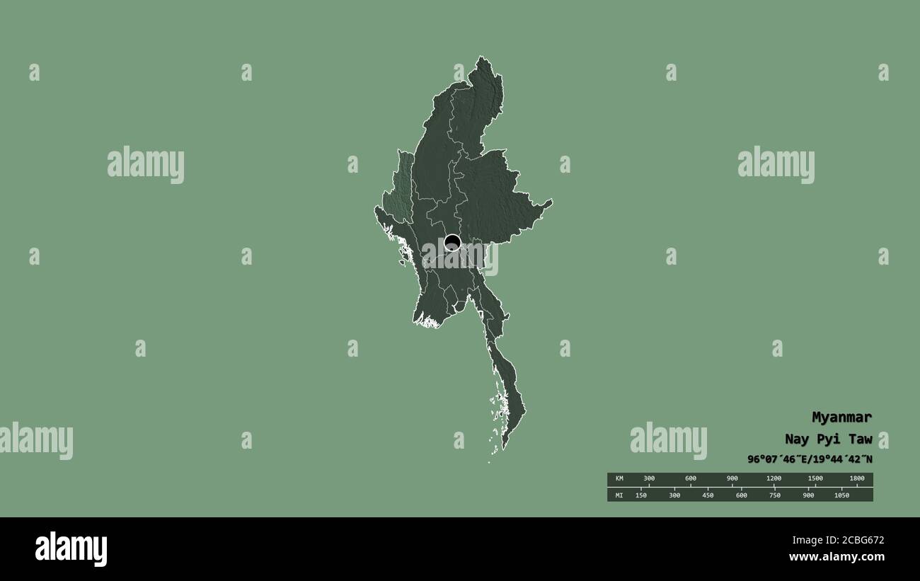 Desaturated shape of Myanmar with its capital, main regional division ...