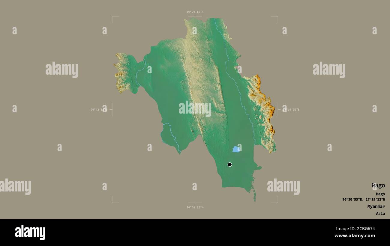 Area of Bago, division of Myanmar, isolated on a solid background in a ...