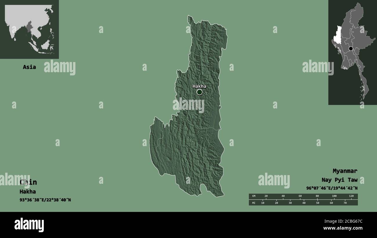 Shape of Chin, state of Myanmar, and its capital. Distance scale ...