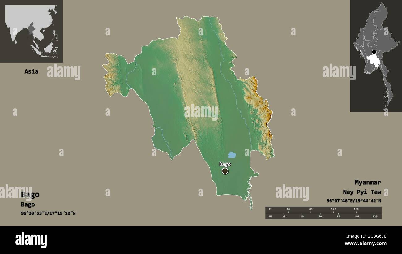 Shape of Bago, division of Myanmar, and its capital. Distance scale ...