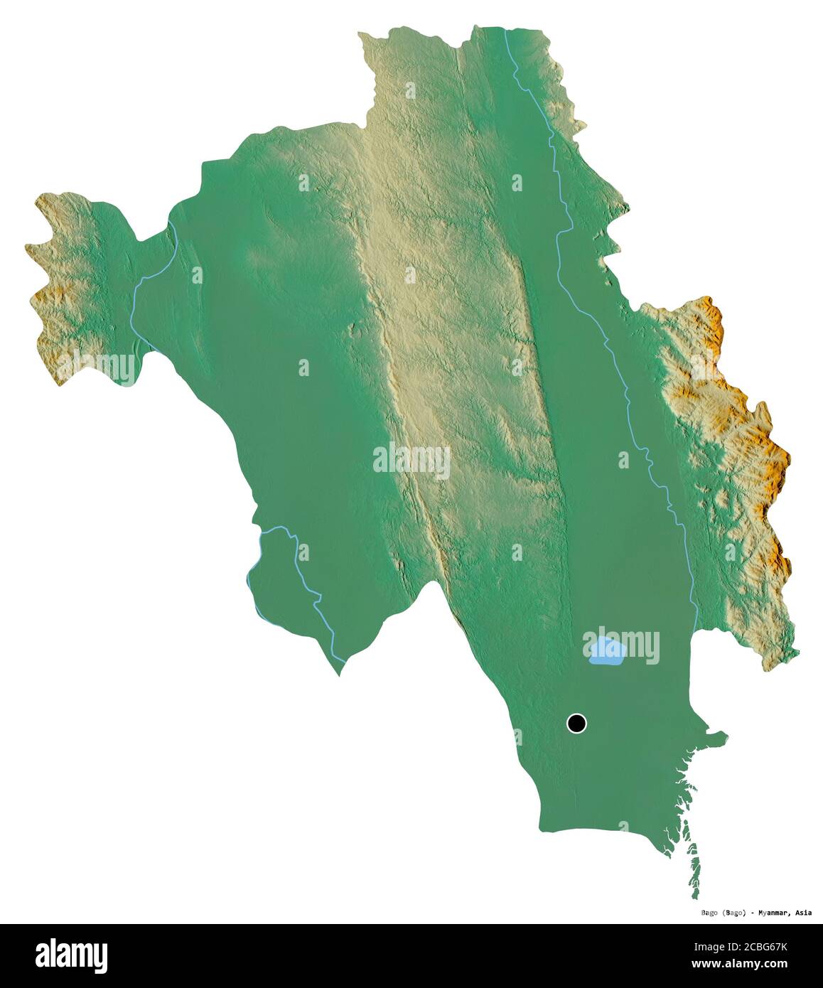 Shape of Bago, division of Myanmar, with its capital isolated on white ...