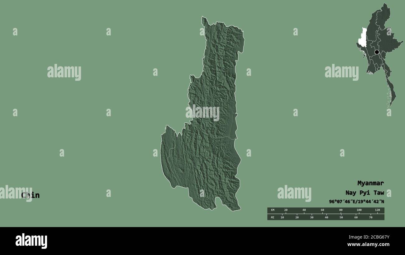 Shape of Chin, state of Myanmar, with its capital isolated on solid ...