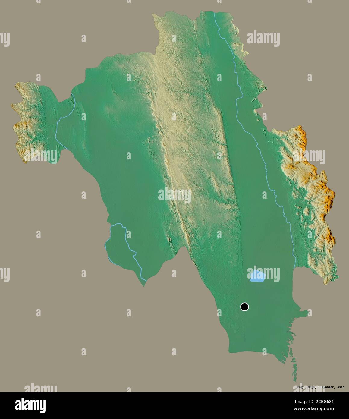 Shape of Bago, division of Myanmar, with its capital isolated on a ...