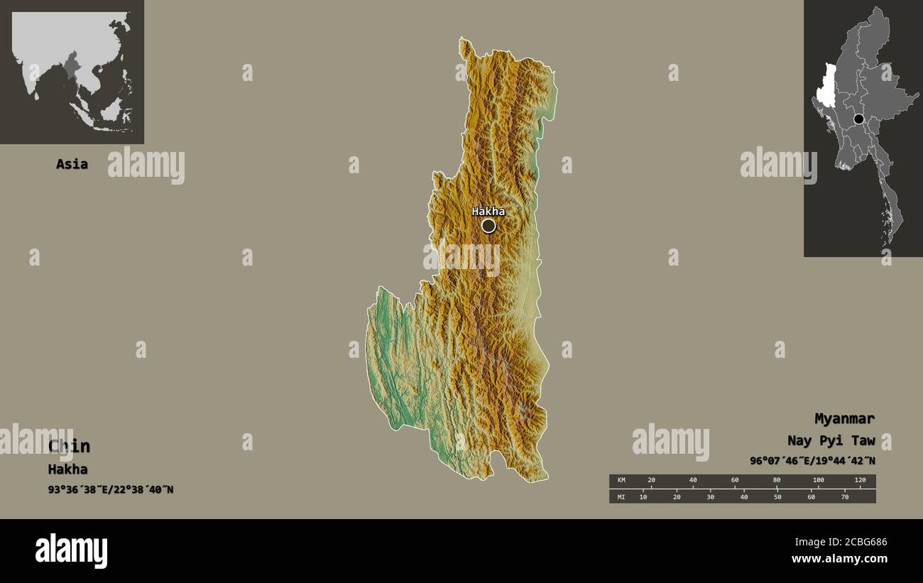 Shape of Chin, state of Myanmar, and its capital. Distance scale ...