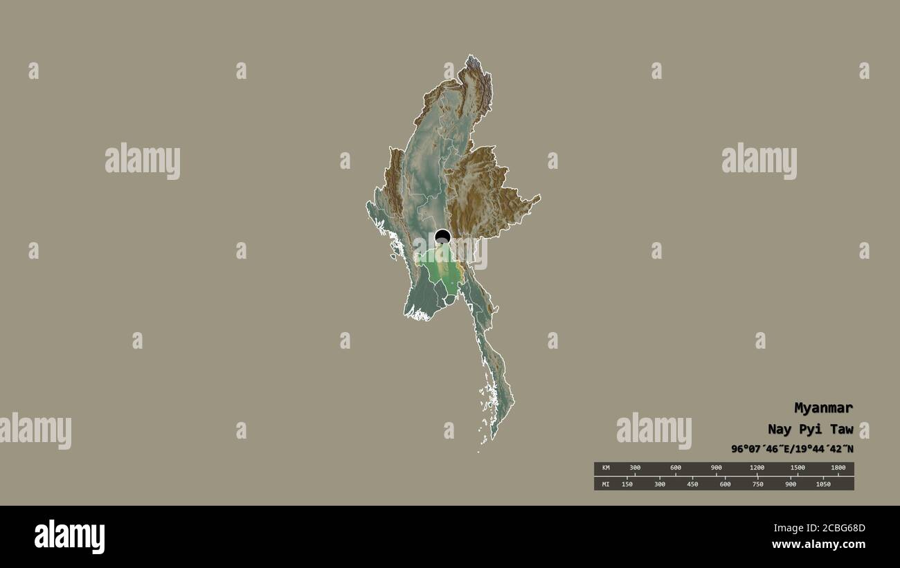 Desaturated shape of Myanmar with its capital, main regional division ...