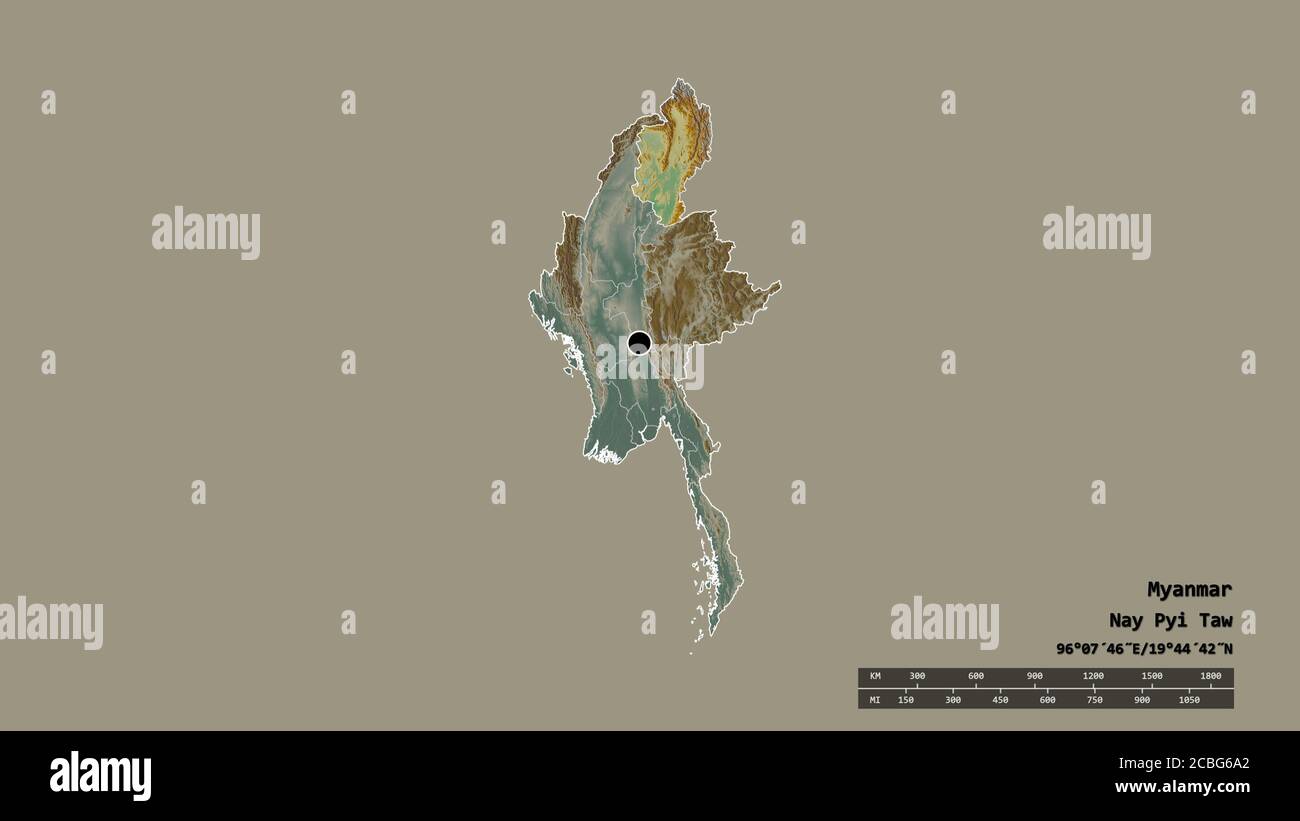 Desaturated shape of Myanmar with its capital, main regional division ...