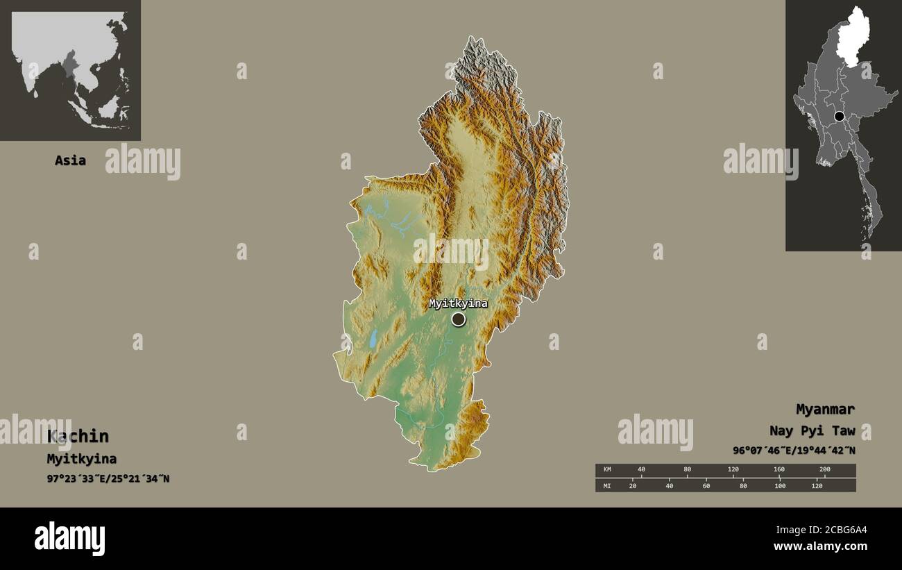 Shape of Kachin, state of Myanmar, and its capital. Distance scale ...