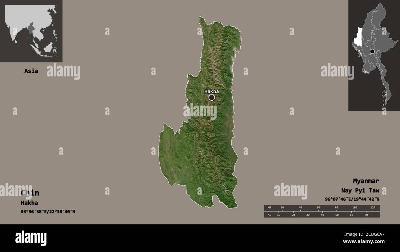 Shape of Chin, state of Myanmar, and its capital. Distance scale ...
