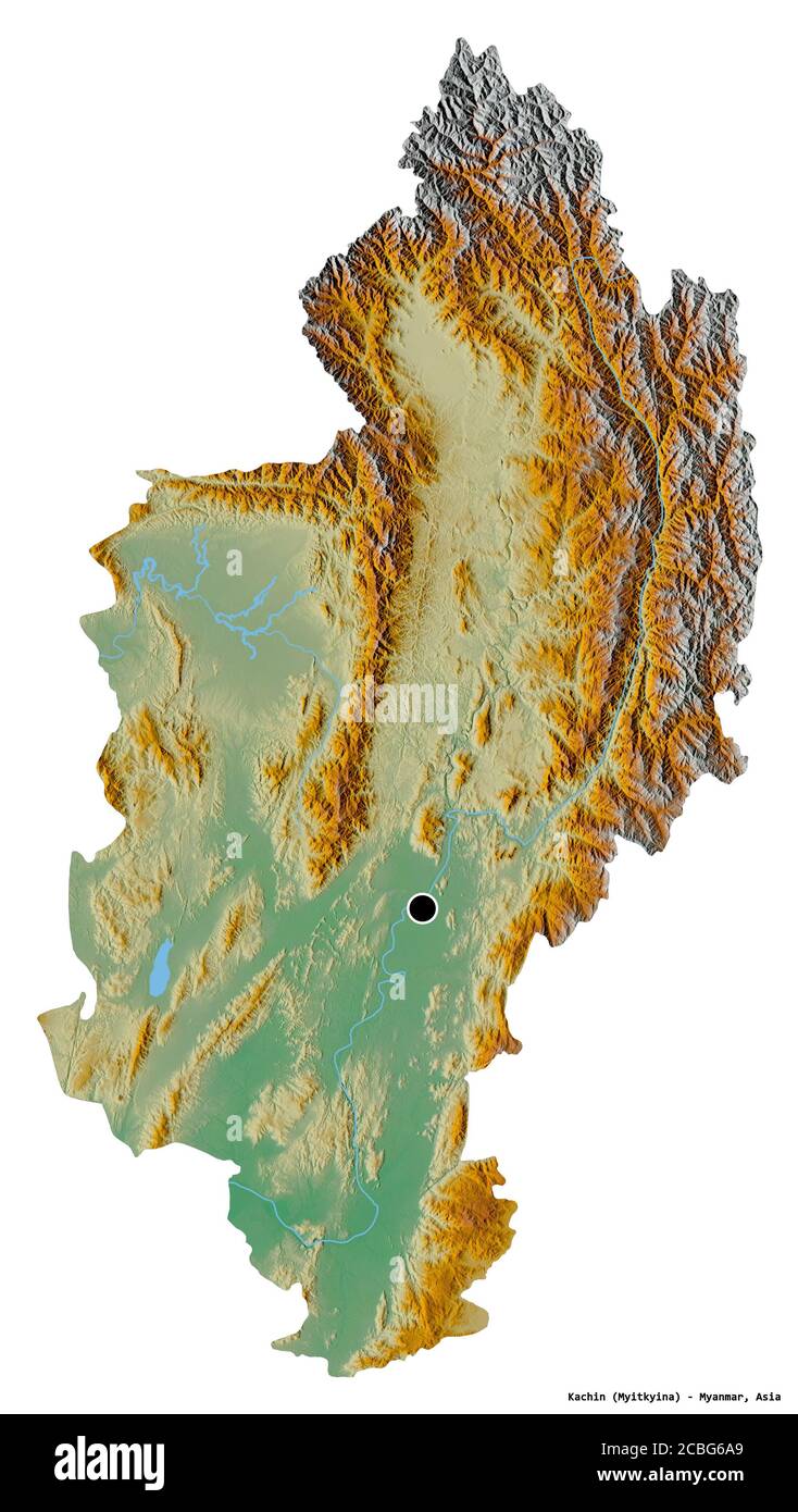 Shape of Kachin, state of Myanmar, with its capital isolated on white ...
