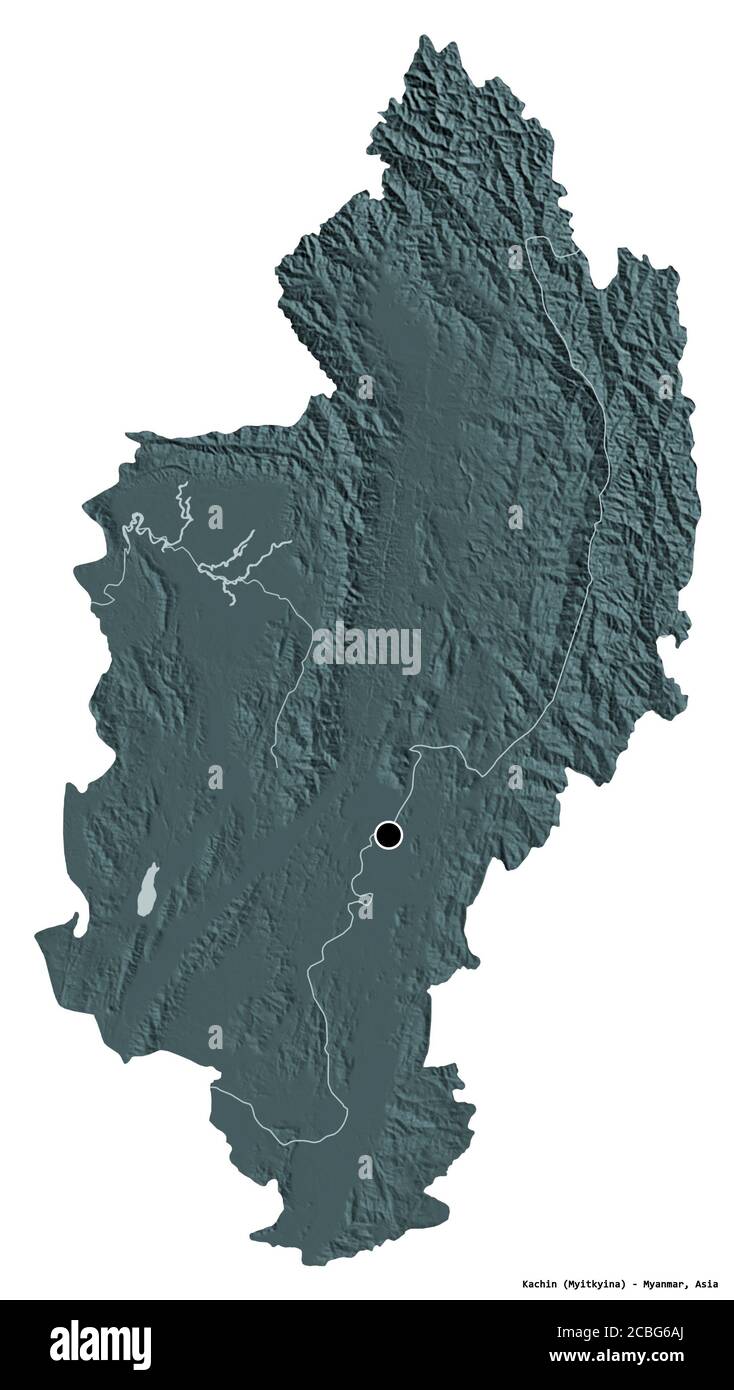 Shape of Kachin, state of Myanmar, with its capital isolated on white ...