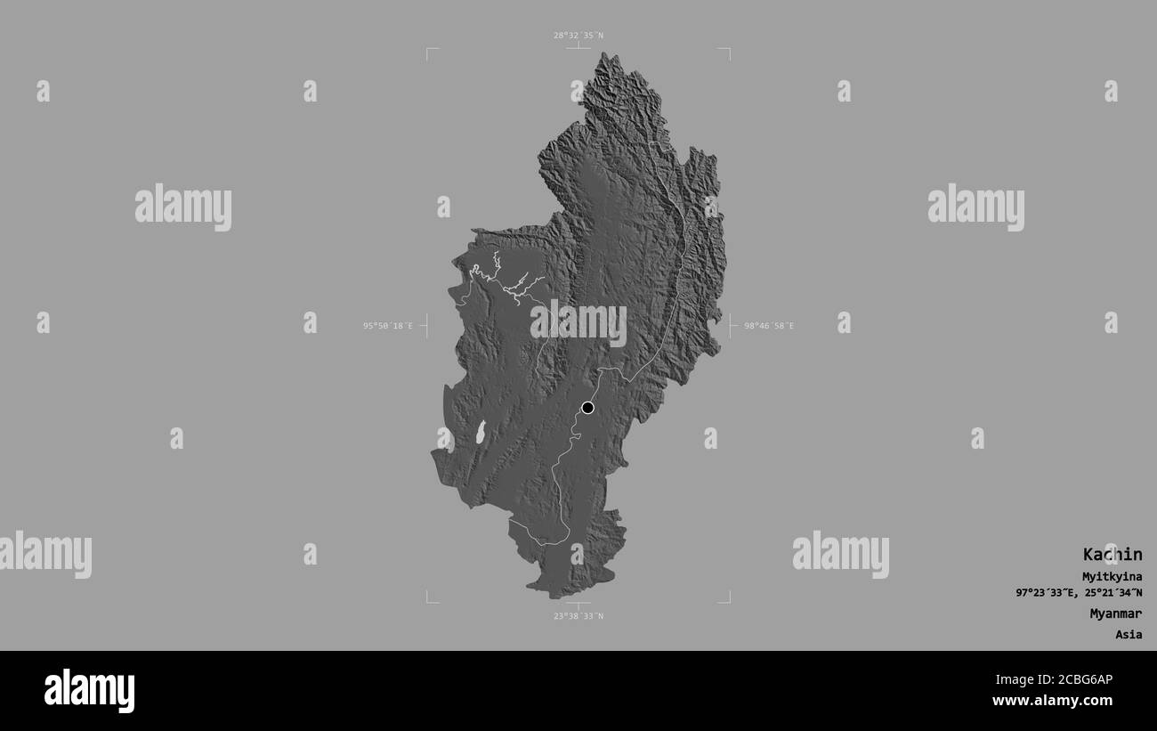 Area of Kachin, state of Myanmar, isolated on a solid background in a ...