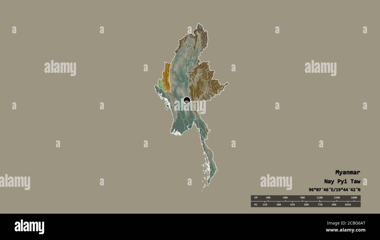 Desaturated shape of Myanmar with its capital, main regional division ...