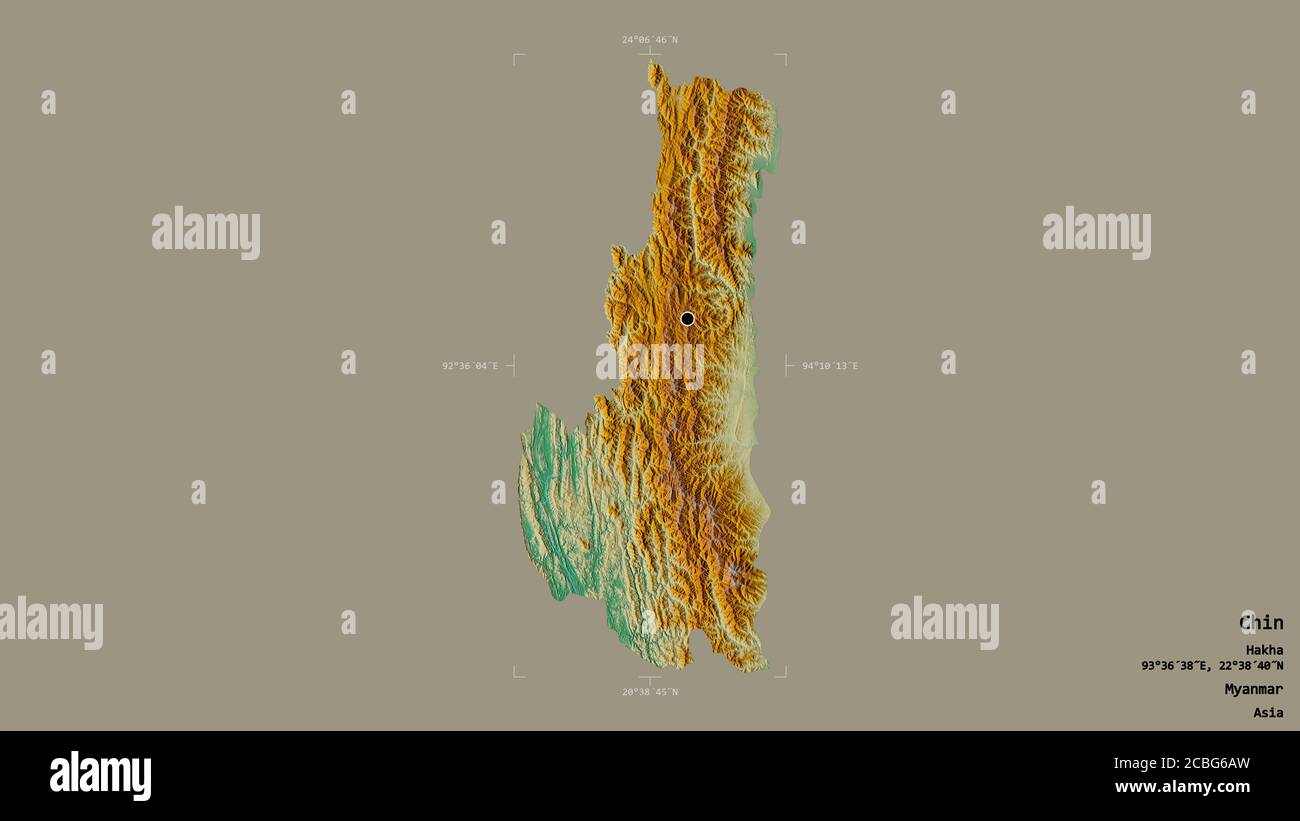 Area of Chin, state of Myanmar, isolated on a solid background in a ...