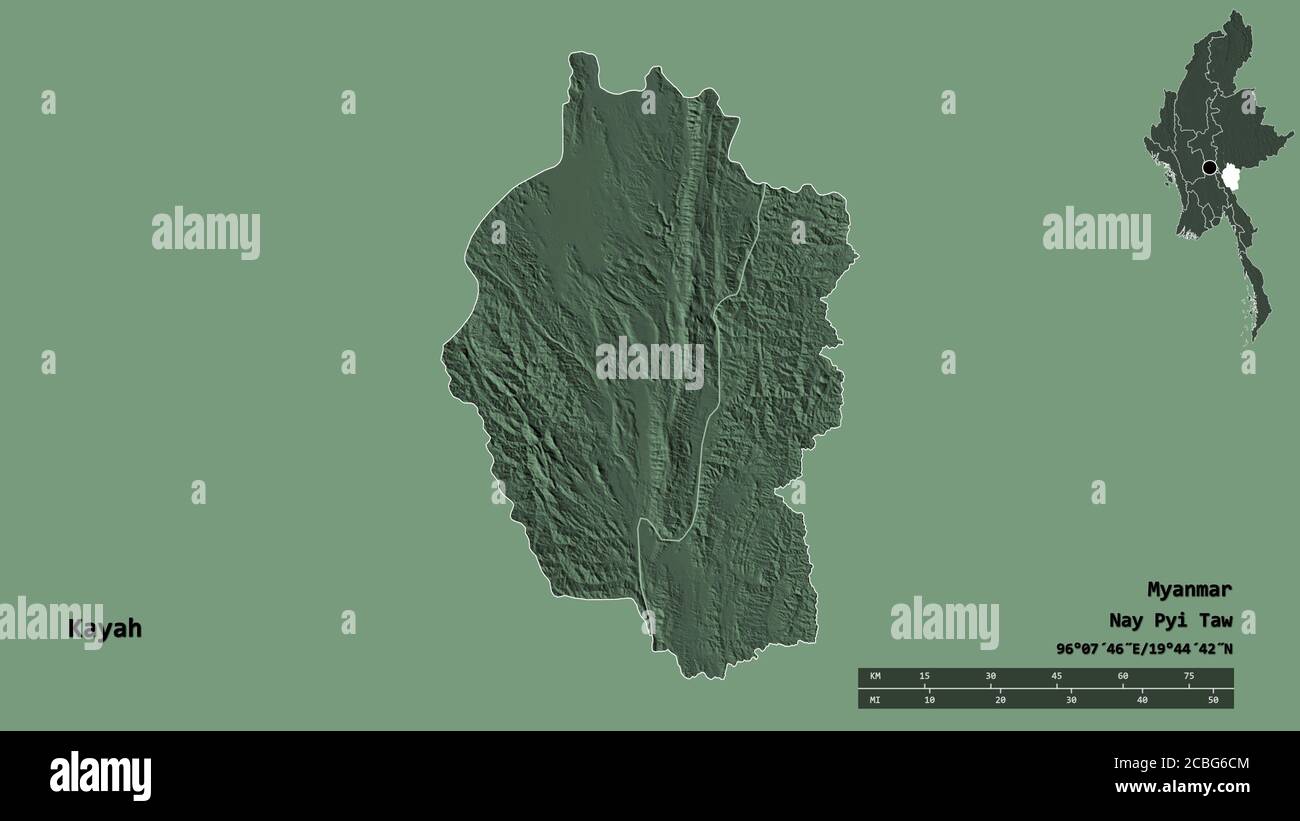 Shape of Kayah, state of Myanmar, with its capital isolated on solid ...