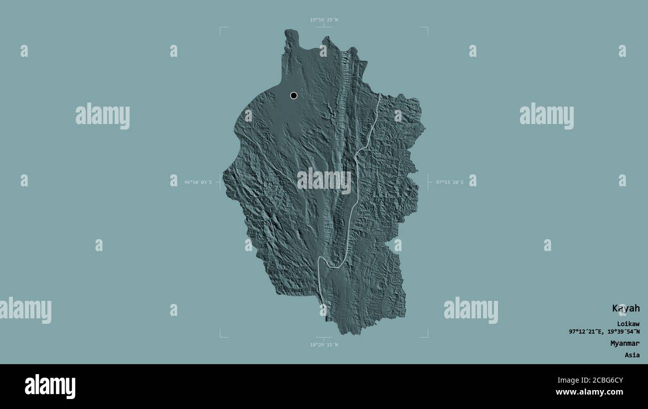 Area of Kayah, state of Myanmar, isolated on a solid background in a ...