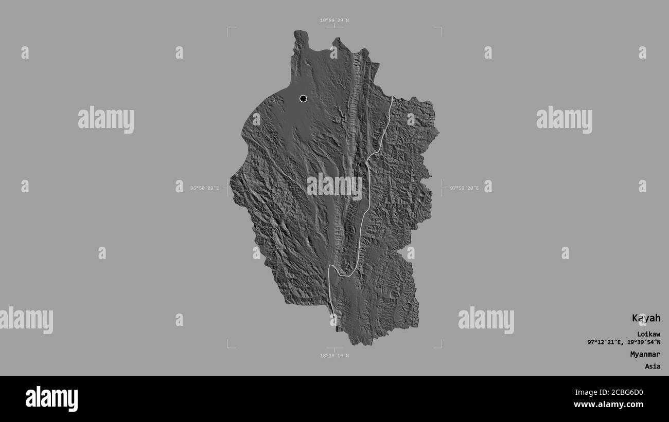Area of Kayah, state of Myanmar, isolated on a solid background in a ...