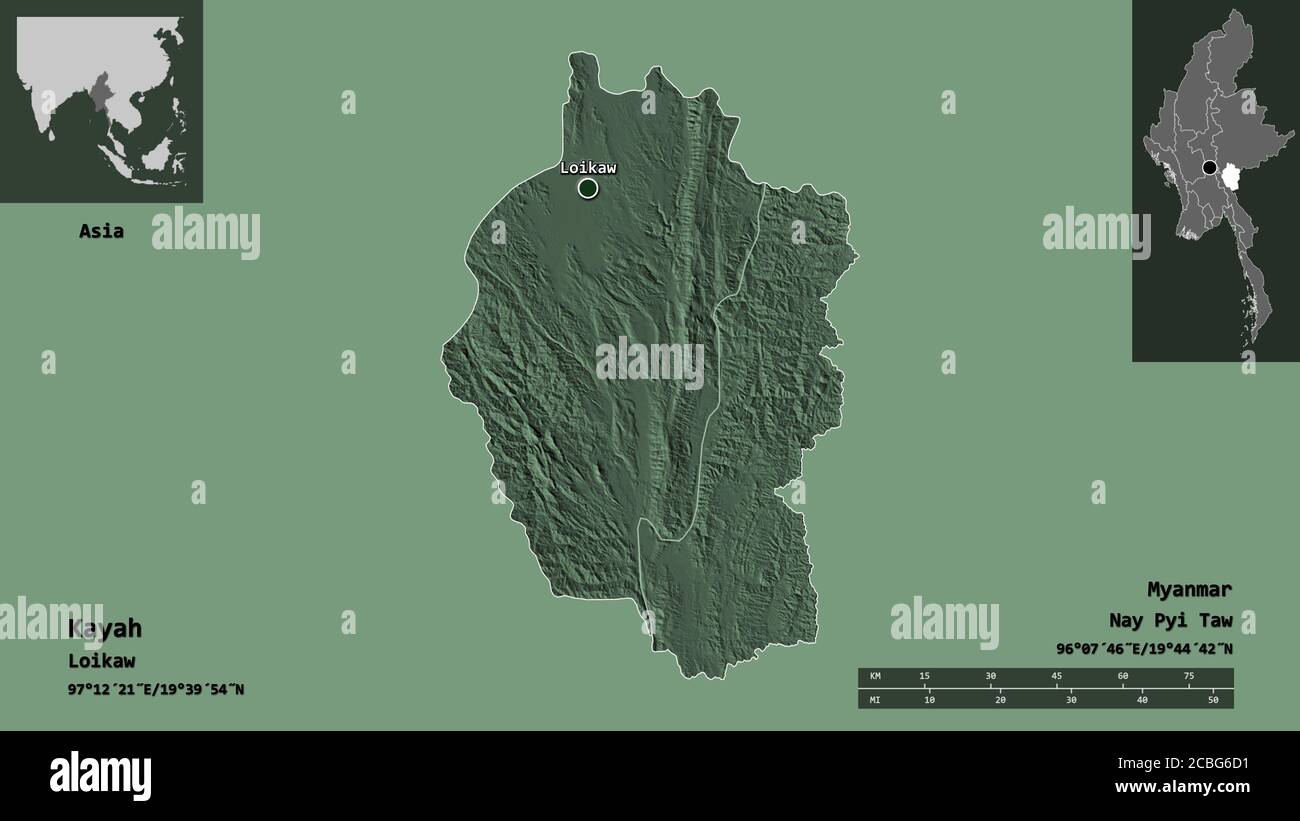 Shape of Kayah, state of Myanmar, and its capital. Distance scale ...