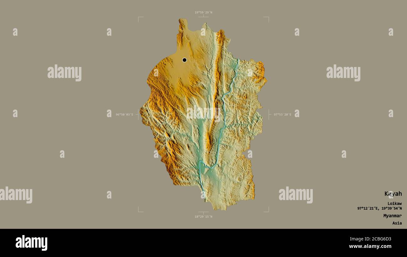 Area of Kayah, state of Myanmar, isolated on a solid background in a ...