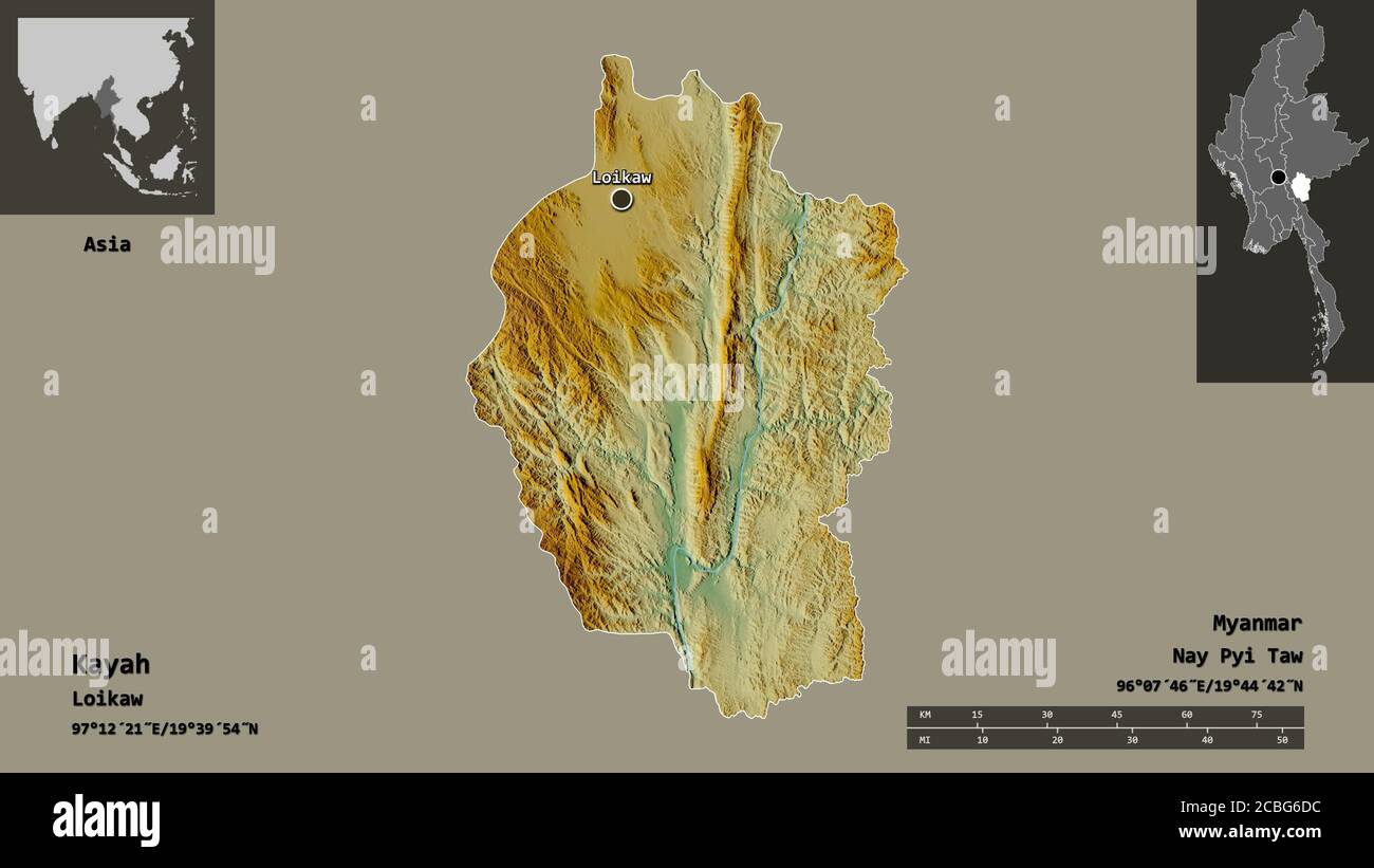 Shape of Kayah, state of Myanmar, and its capital. Distance scale ...