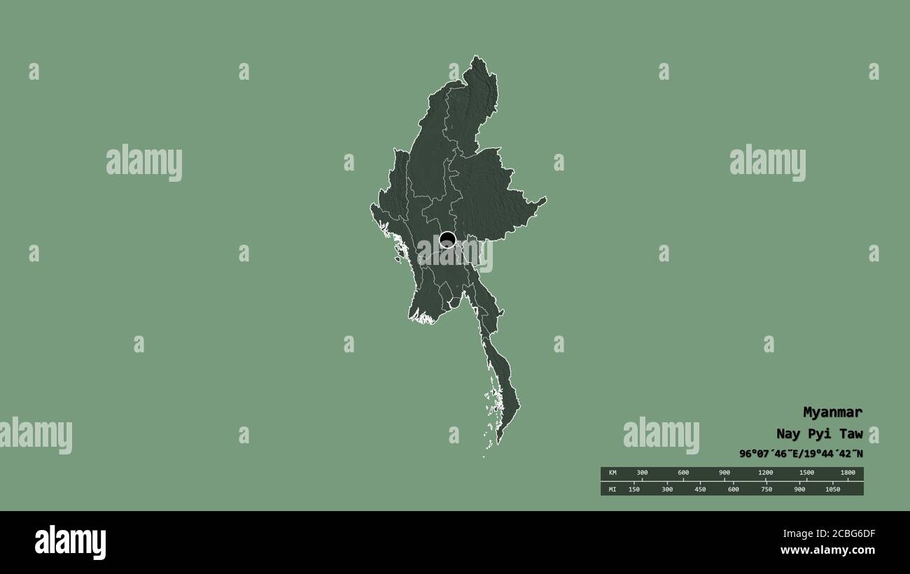 Desaturated shape of Myanmar with its capital, main regional division ...