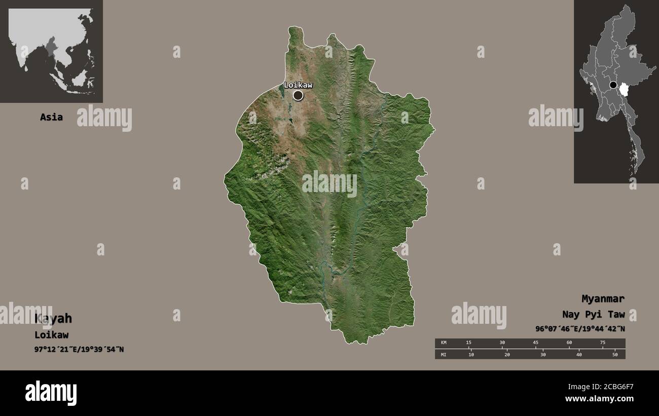 Shape of Kayah, state of Myanmar, and its capital. Distance scale ...