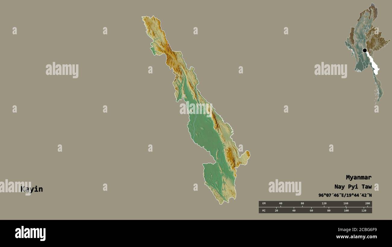 Shape of Kayin, state of Myanmar, with its capital isolated on solid ...