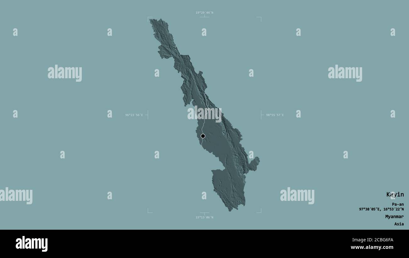 Area of Kayin, state of Myanmar, isolated on a solid background in a ...
