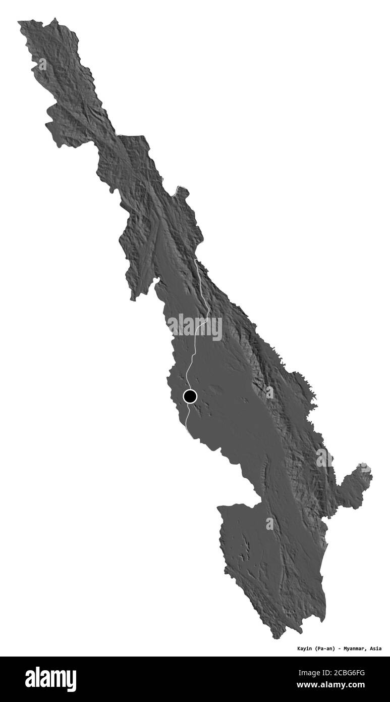 Shape of Kayin, state of Myanmar, with its capital isolated on white ...